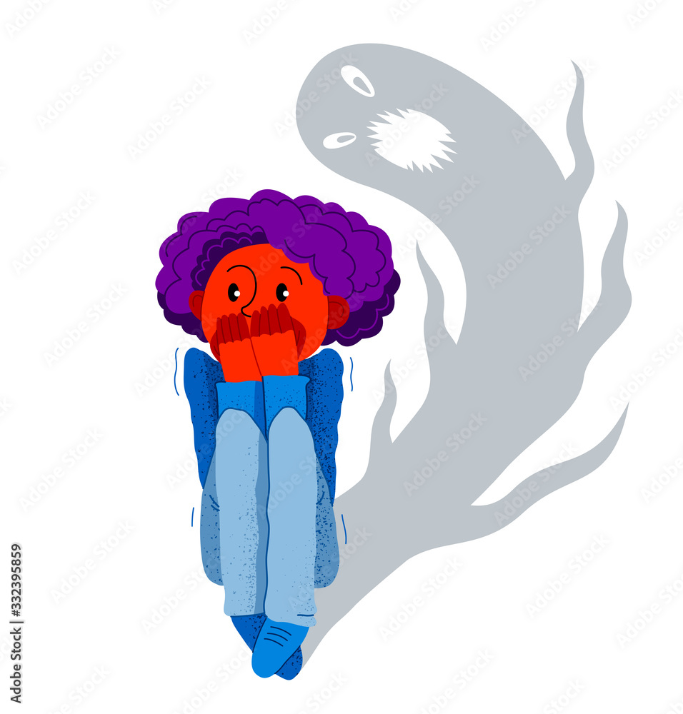 Sciophobia fear of shadows vector illustration, boy is scared by her ...