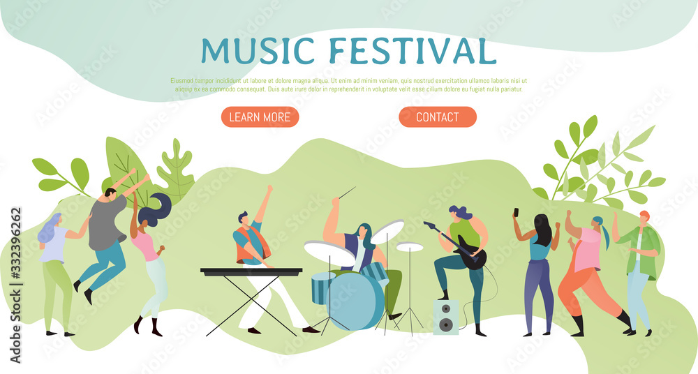 Music festival poster, people on concert, rock band website concept ...