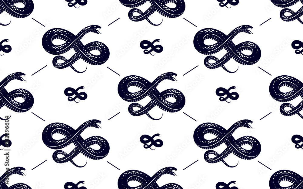 Seamless snakes pattern in vintage drawing style, dangerous poisoned ...
