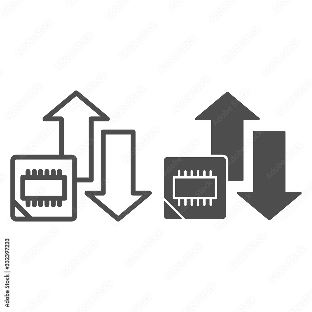 Microchip and arrows line and solid icon. Processor bus data peak ...