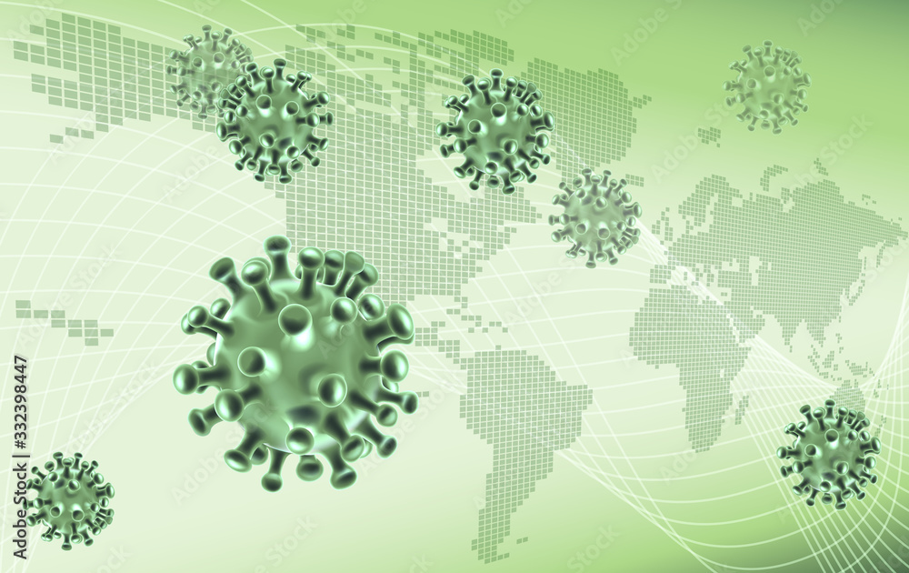 An epidemic virus world map concept with stylised virus cells like ...