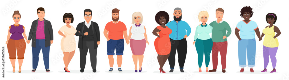Cartoon happy smiling plus size people couples. Man and woman together ...
