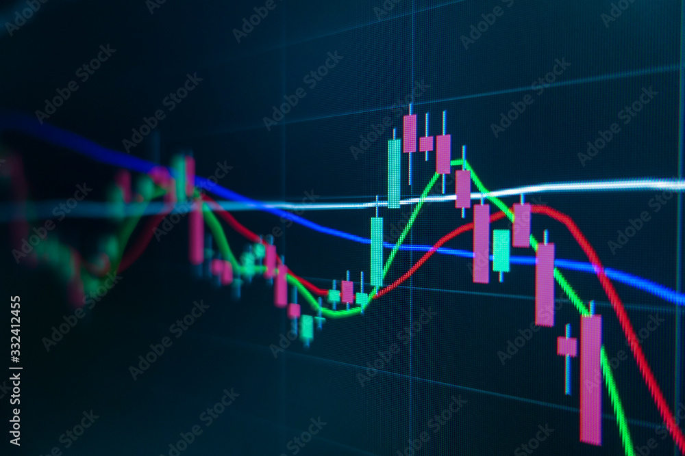 Stock market trading graph and candlestick chart on screen monitor for ...