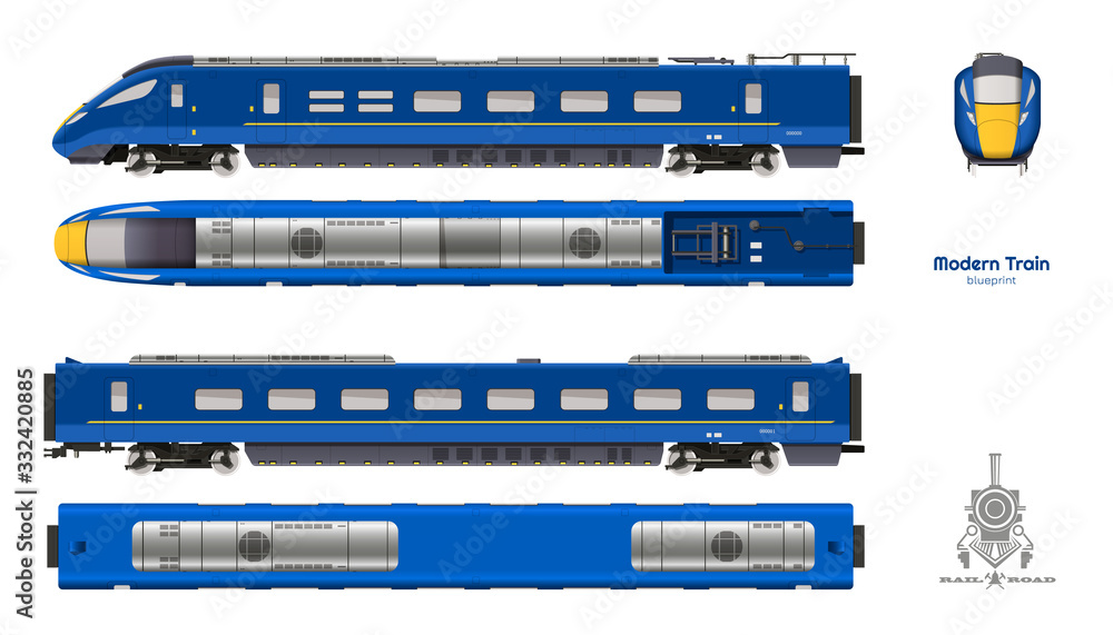 Isolated blueprint of blue modern train. Side, top and front views ...