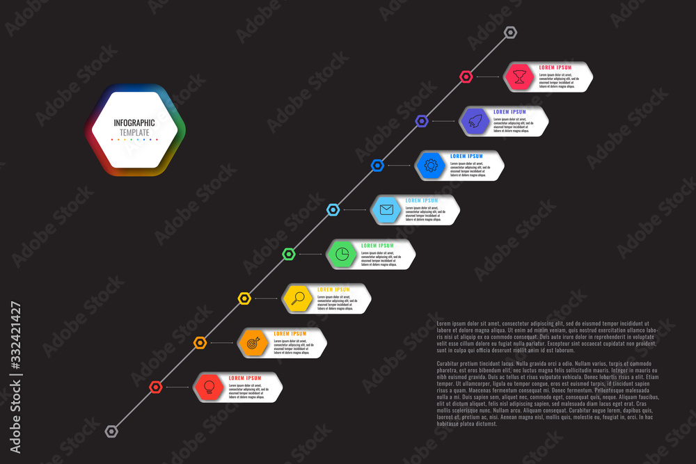 diagonal timeline template with eight realistic hexagonal elements with ...