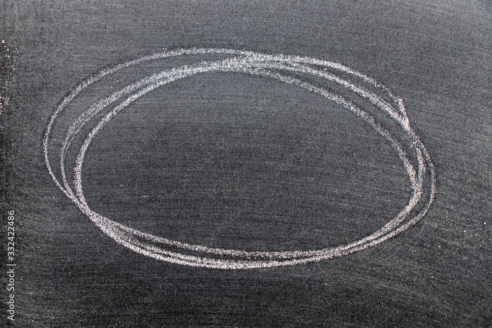 White color chalk hand drawing in circle or oval shape on black board ...