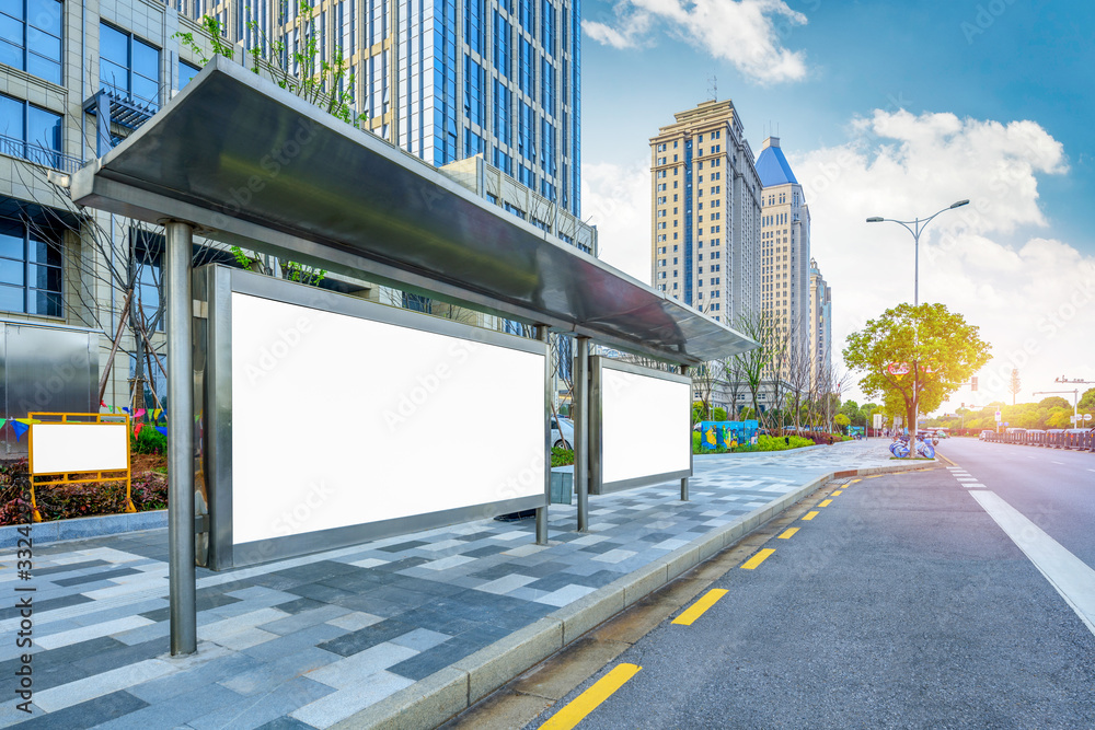 billboard at bus station on road with city view background for ...