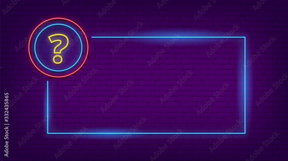 Neon quiz sign. Glow question mark and lighting frame. Party led banner ...