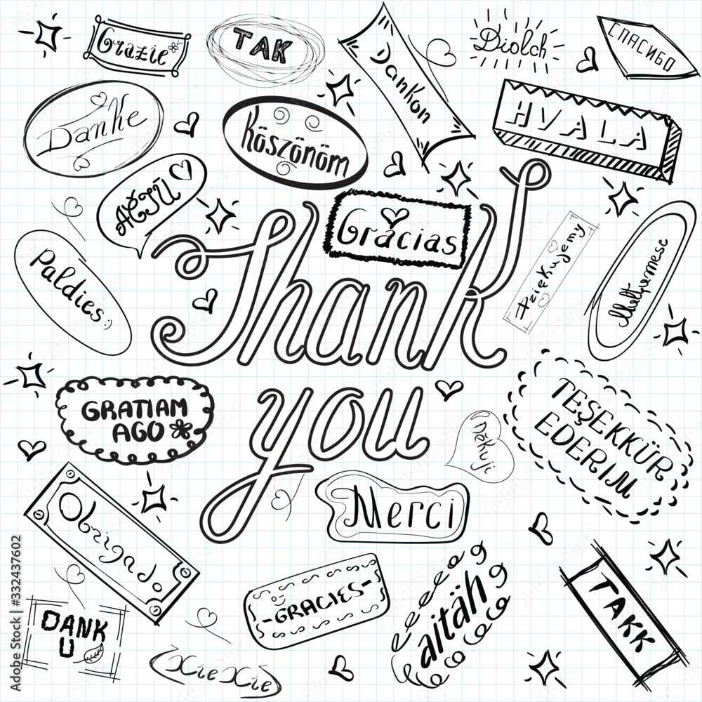 Set Of Thank You Words In Different Languages Vector Illustration With