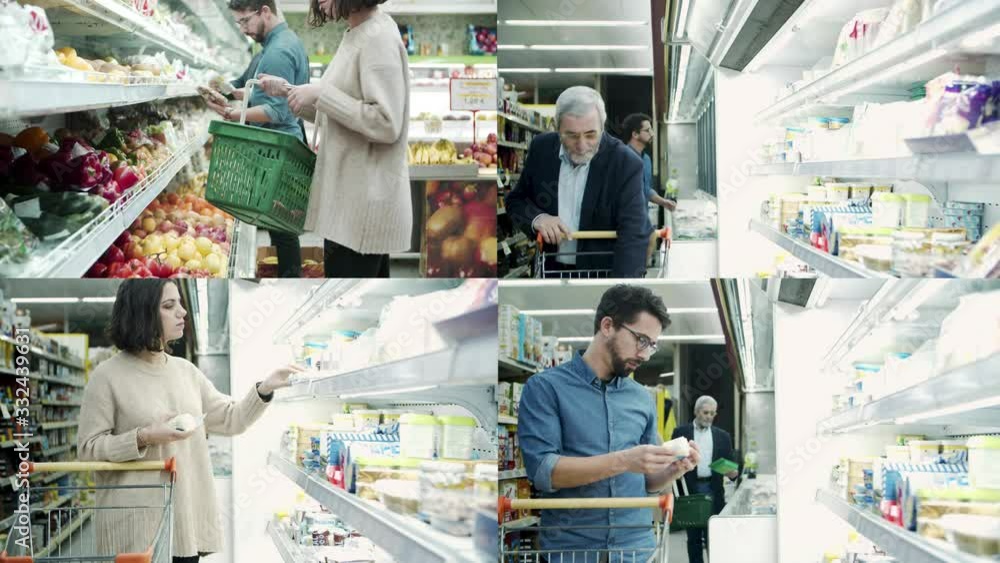 Collage of people taking goods from fridge in grocery store ...