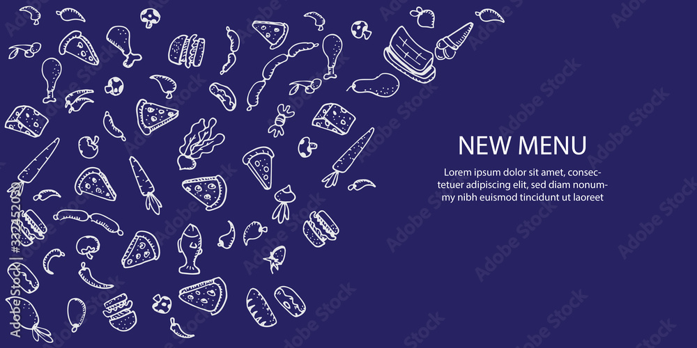 Food doodles on blue background. Vector illustration for menu or food ...