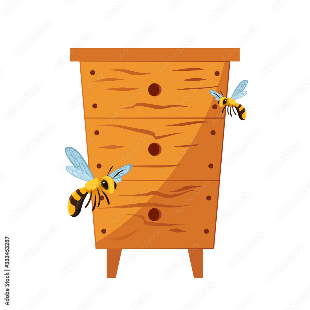 Wood Hive For Bees with bees around it. Illustration of a cartoon ...