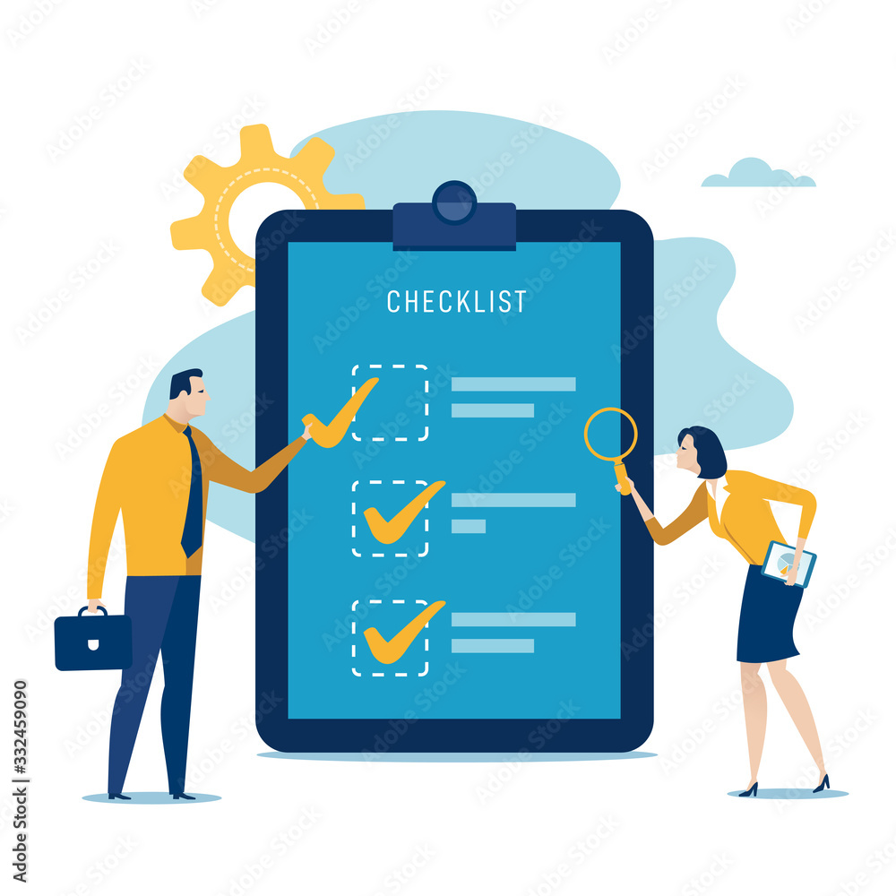 Checklist. The manager checks the last item.. Vector illustration Stock ...
