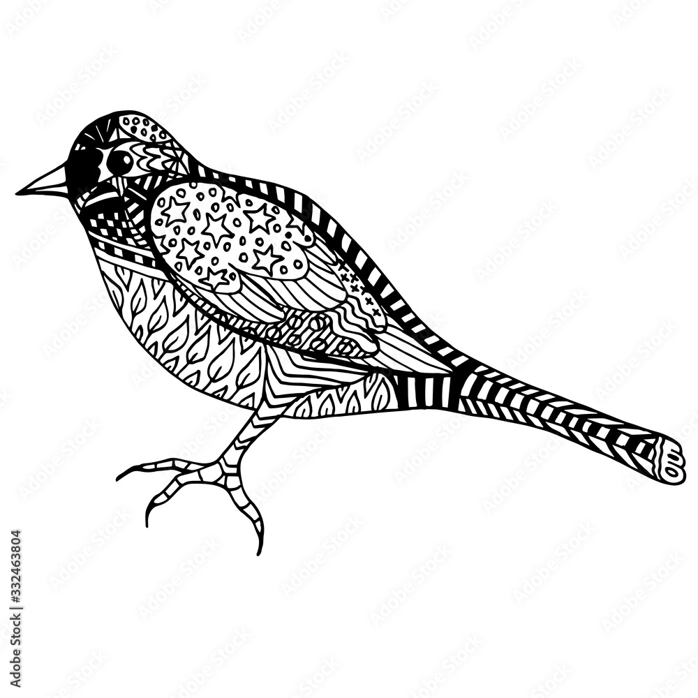 Black and white coloring picture with beautiful bird. Zen art. Vector ...