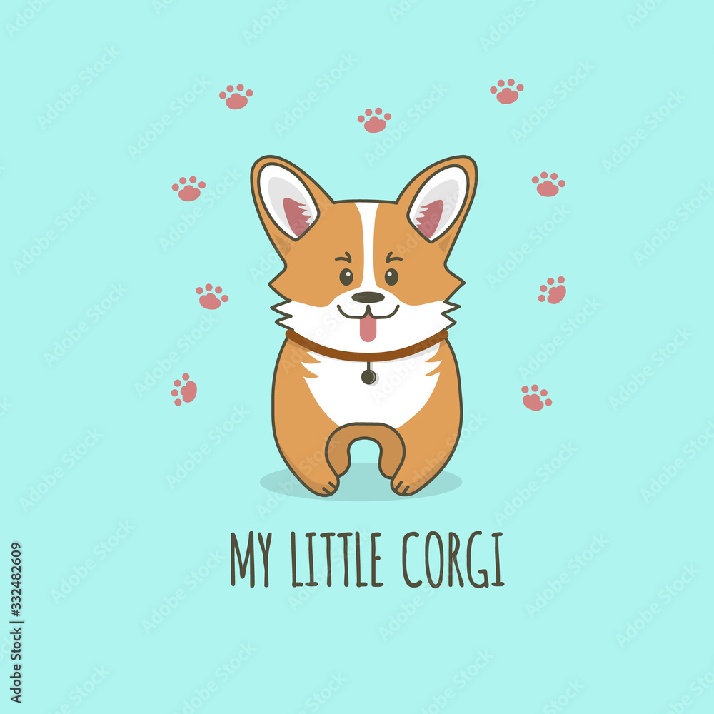 Little cute corgi dog is standing, puppys footprints around him. My ...