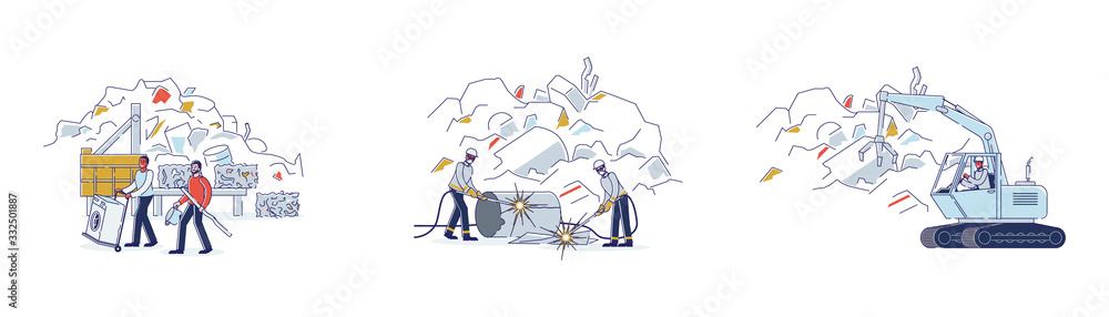 Scrap Metal Concept. Workers Work On Junkyard, Sorting Piles Of Scrap ...