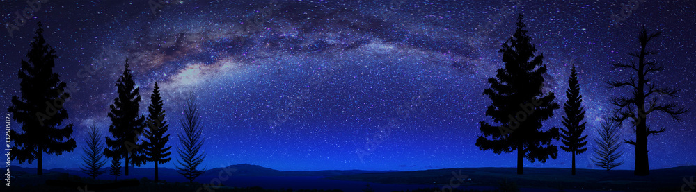 horizontal banner. Milky way night panorama with silhuettes of ...