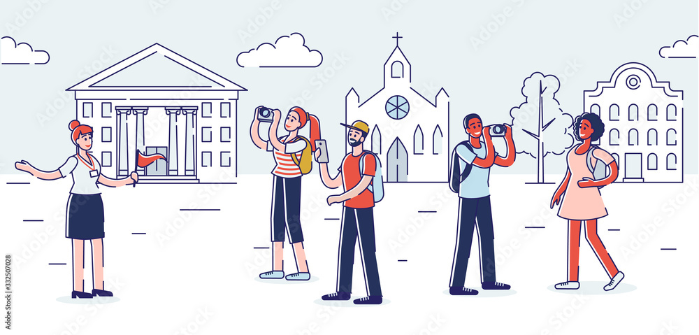 Travelling Concept. Tourist Guide Stand With Red Flag In Front Of ...