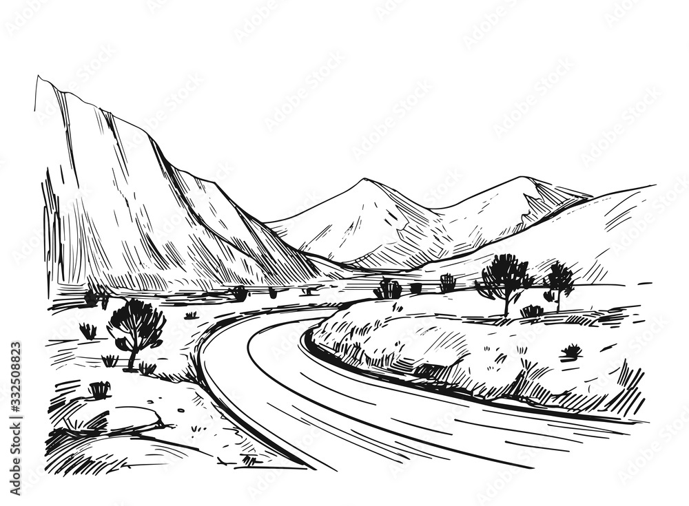Sketch of a road and mountains. Outdoor landscape. Hand drawn ...