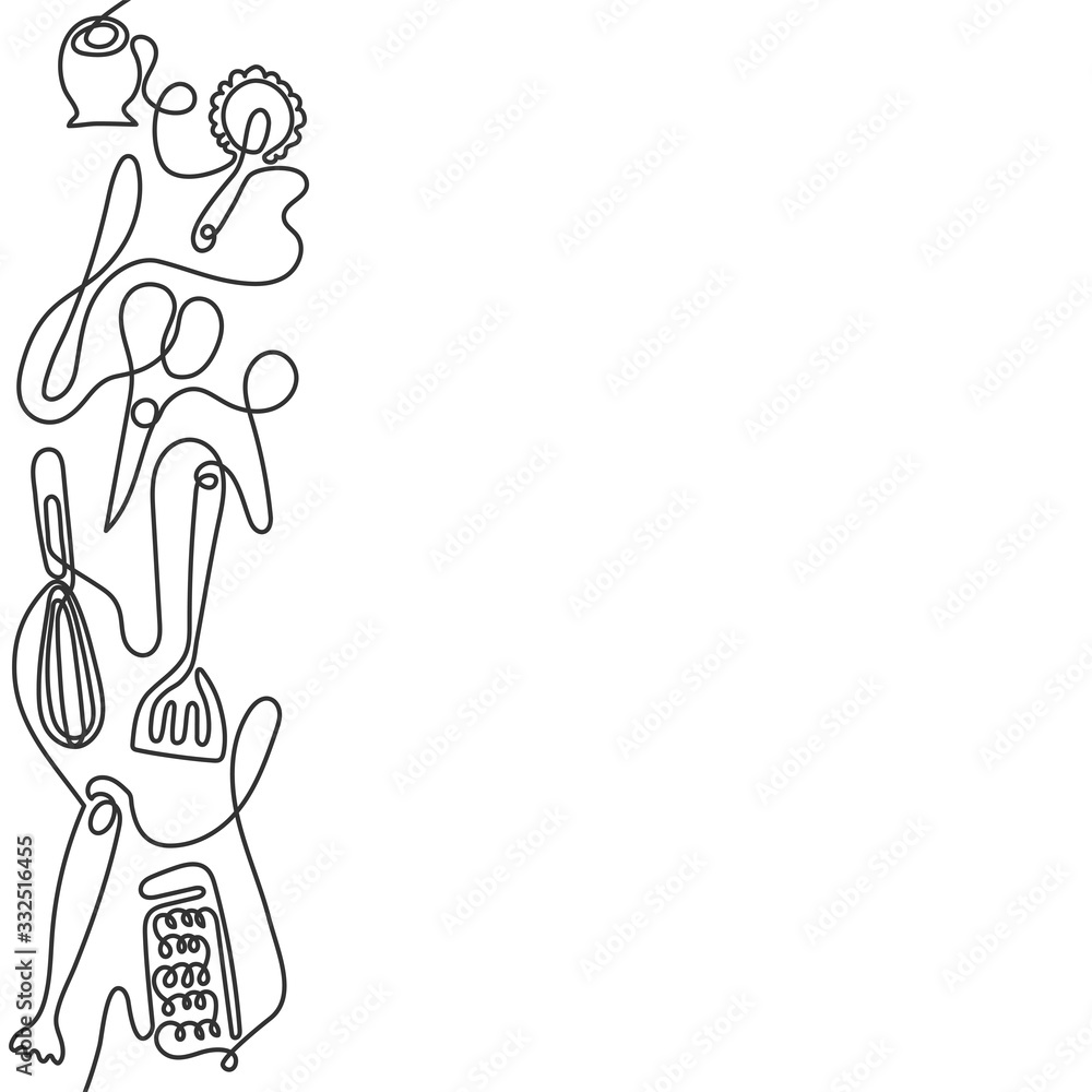 Continuous one line drawing of different kitchen utensils. Black and ...