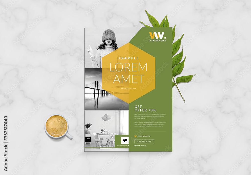 Flyer Layout with Yellow Hexagonal Overlay Element and Green Accents ...