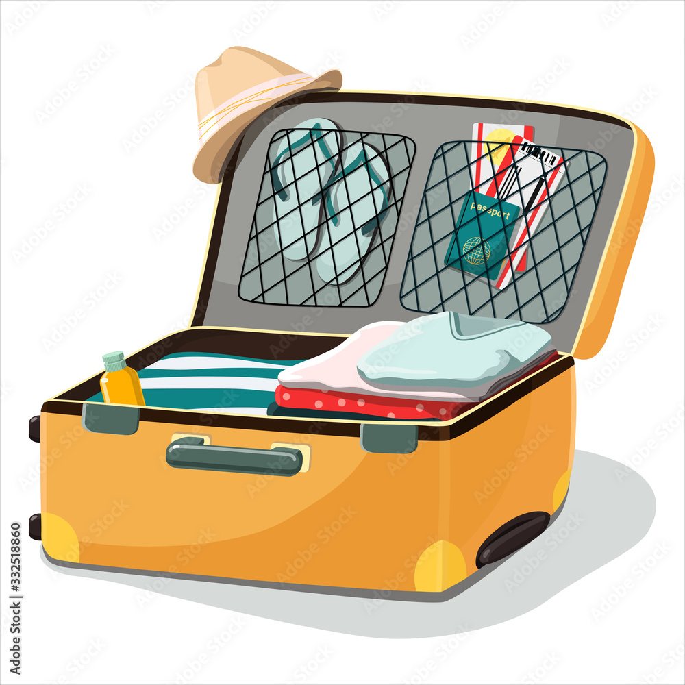 Open suitcase and travel stuff. Luggage bag with passport, tickets, slippers, clothes, hat and ...