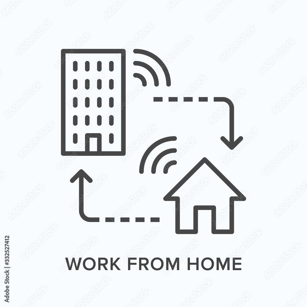 Work from home, remote job line icon. House and office building network ...