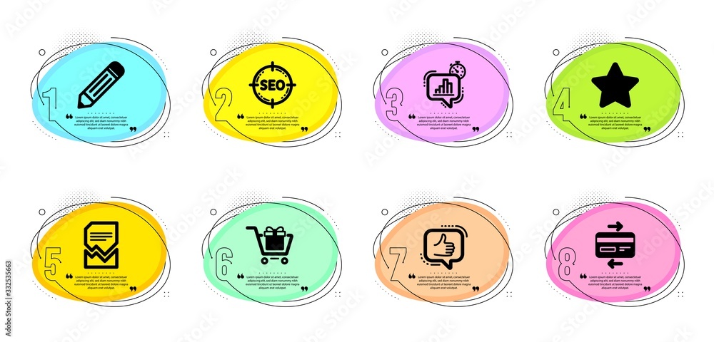 Seo, Like and Corrupted file signs. Timeline infographic. Statistics ...