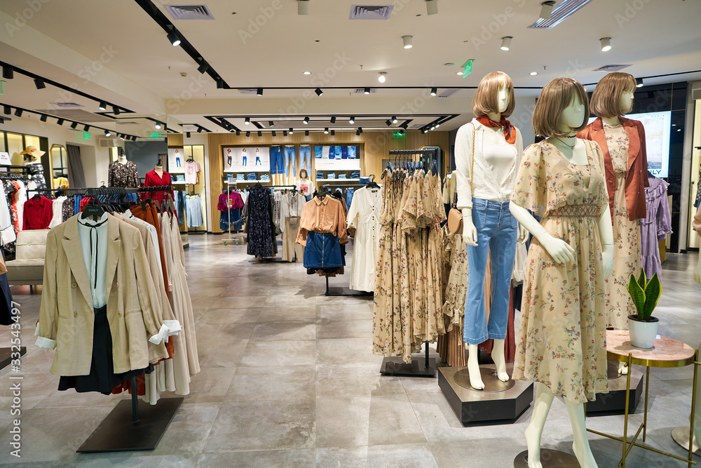 SHENZHEN, CHINA - CIRCA APRIL, 2019: interior shot of ONLY clothes shop ...