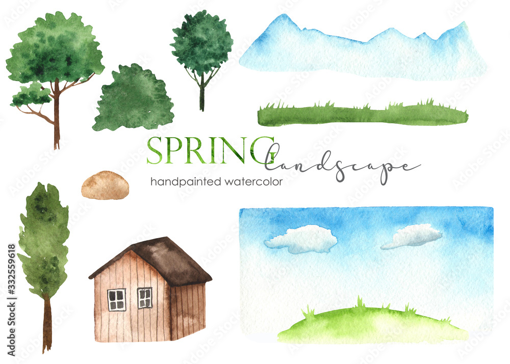 Watercolor set of spring landscape with mountains, trees, sky, house ...