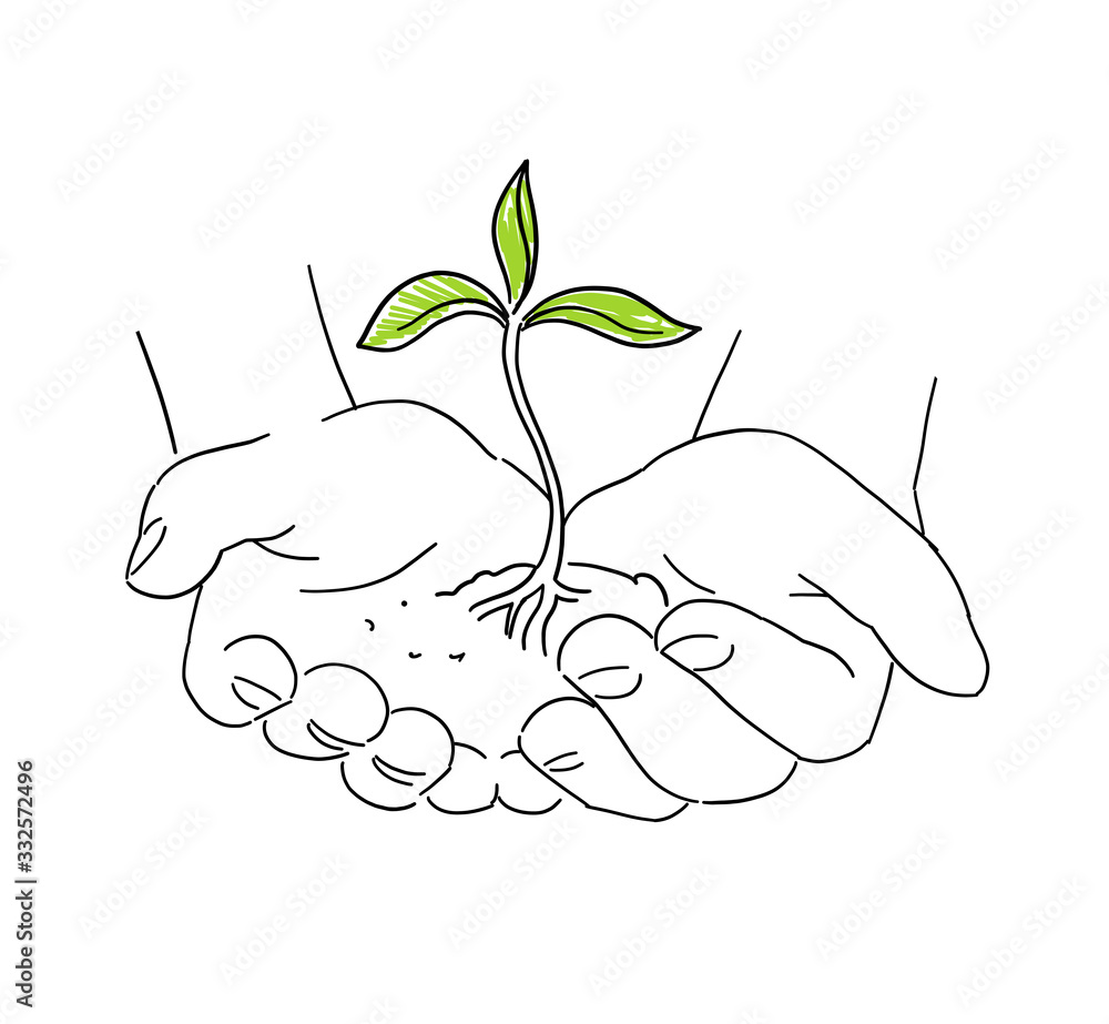 Hands with young plant shoots. Save nature. Sketch hand drawn. Growing ...