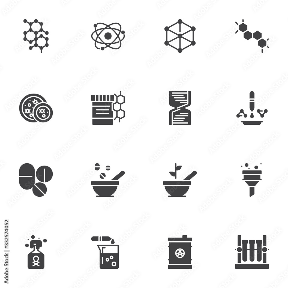 Vetor de Chemistry science vector icons set, modern solid symbol ...