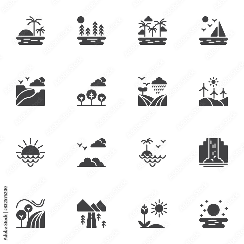 Nature, landscape vector icons set, modern solid symbol collection ...