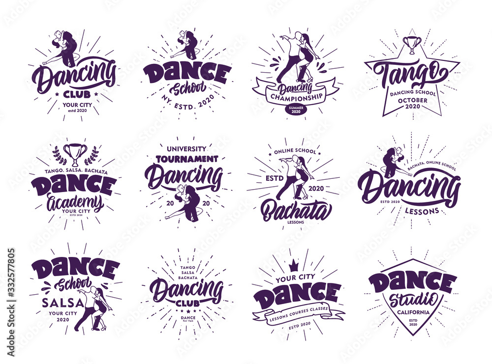 Set of vintage Dancing emblems, stamps, stickers. Sport badges on white ...