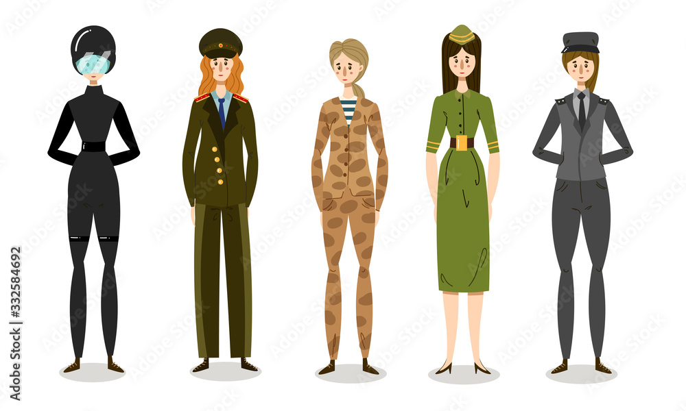 Set of young women soldiers in combat uniforms. Vector illustration in ...