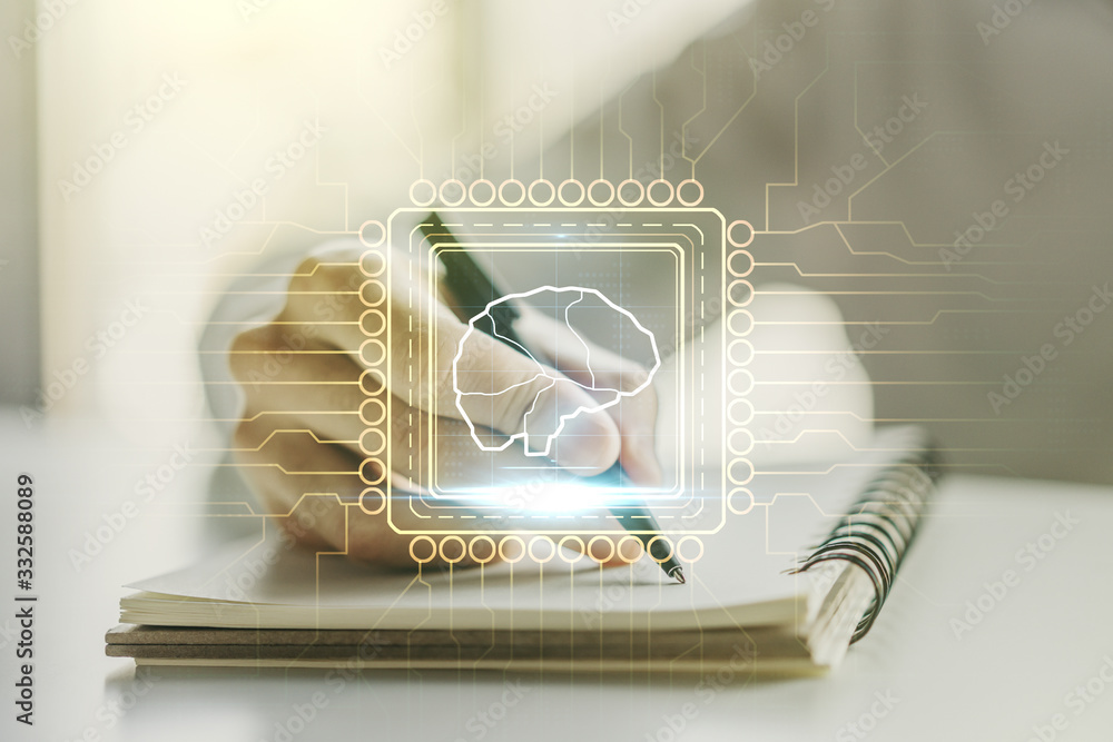 Double exposure of creative human brain microcircuit with man hand ...