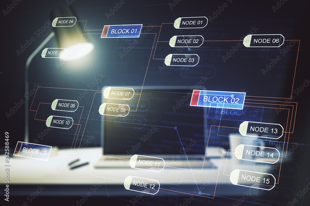 Multi exposure of abstract creative coding sketch on modern laptop ...