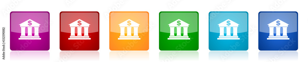 Bank icon set, colorful square glossy vector illustrations in 6 options ...