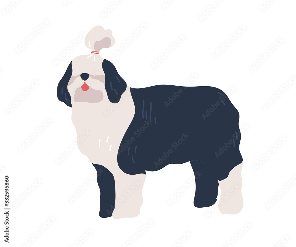 Cute cartoon bobtail dog with hairstyle after grooming vector flat ...