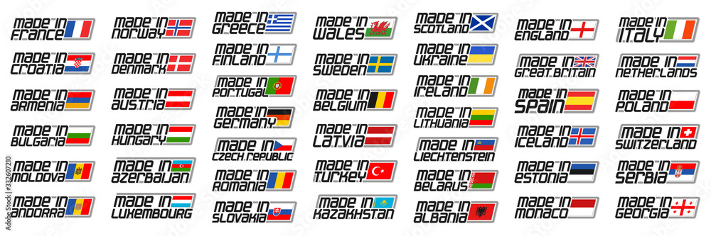 Vector set of European Countries Flags, 44 decorative isolated signs ...