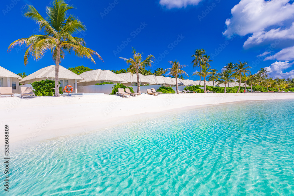 Maldives beach scene. Beautiful palm trees with luxury bungalow over ...