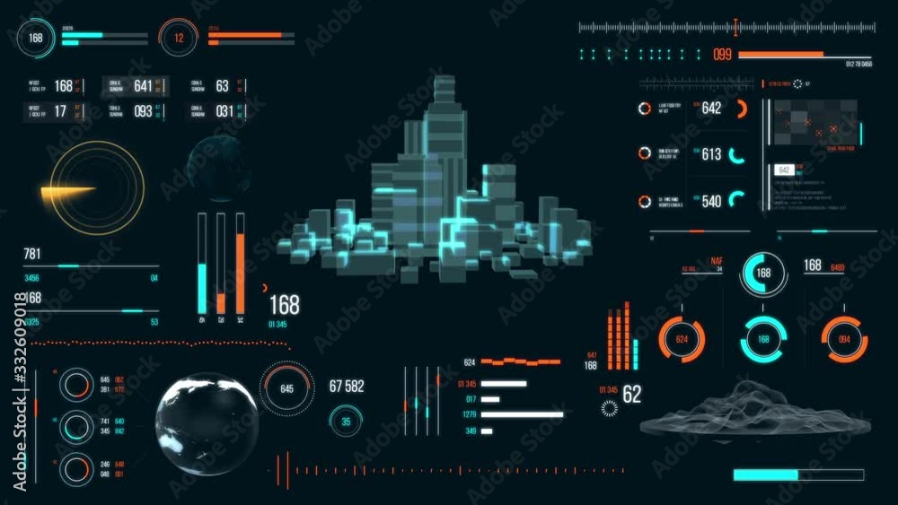 Futuristic urban navigation user interface with city HUD and ...