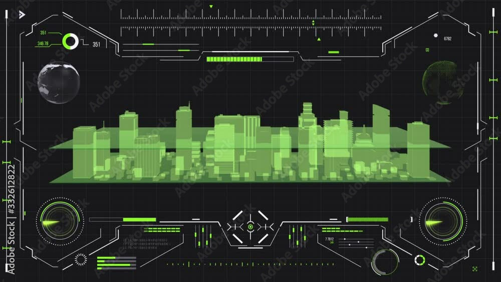 Futuristic urban navigation user interface with city HUD and ...