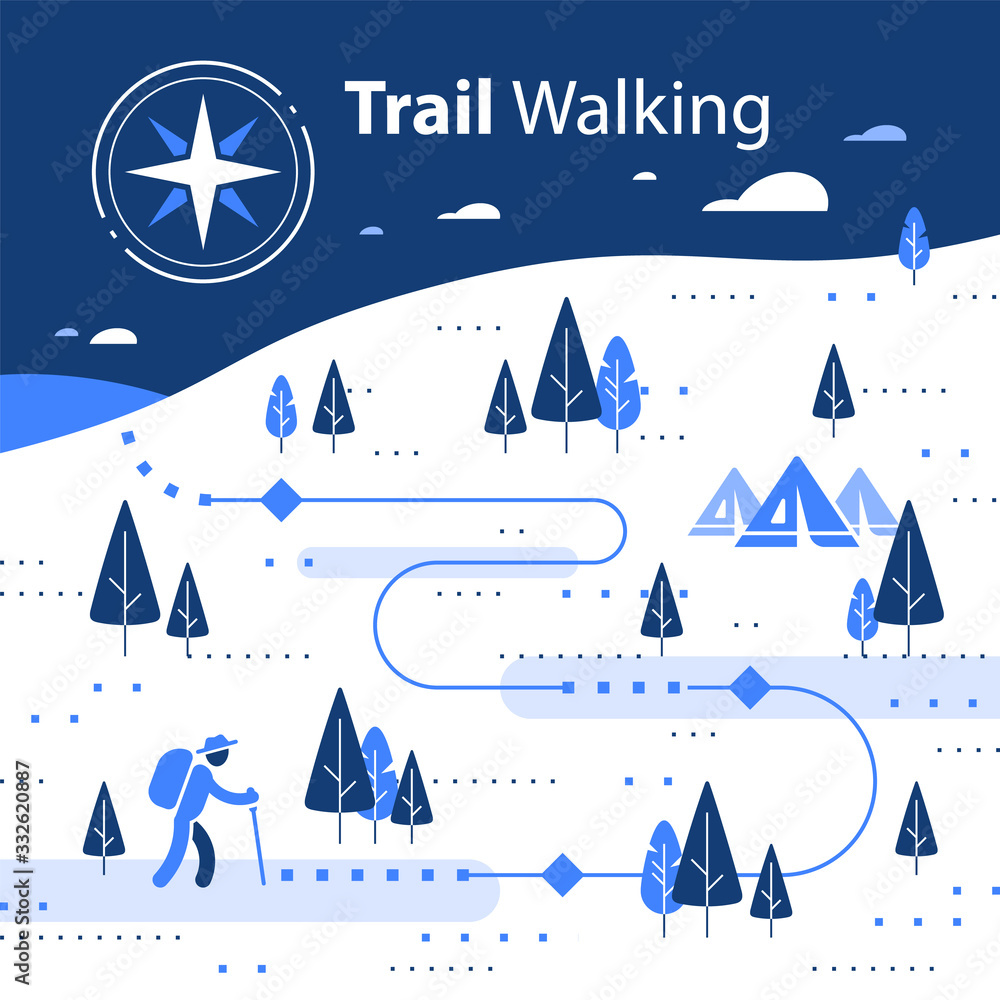 Winter hiking map, snow forest trail, running or cycling path ...