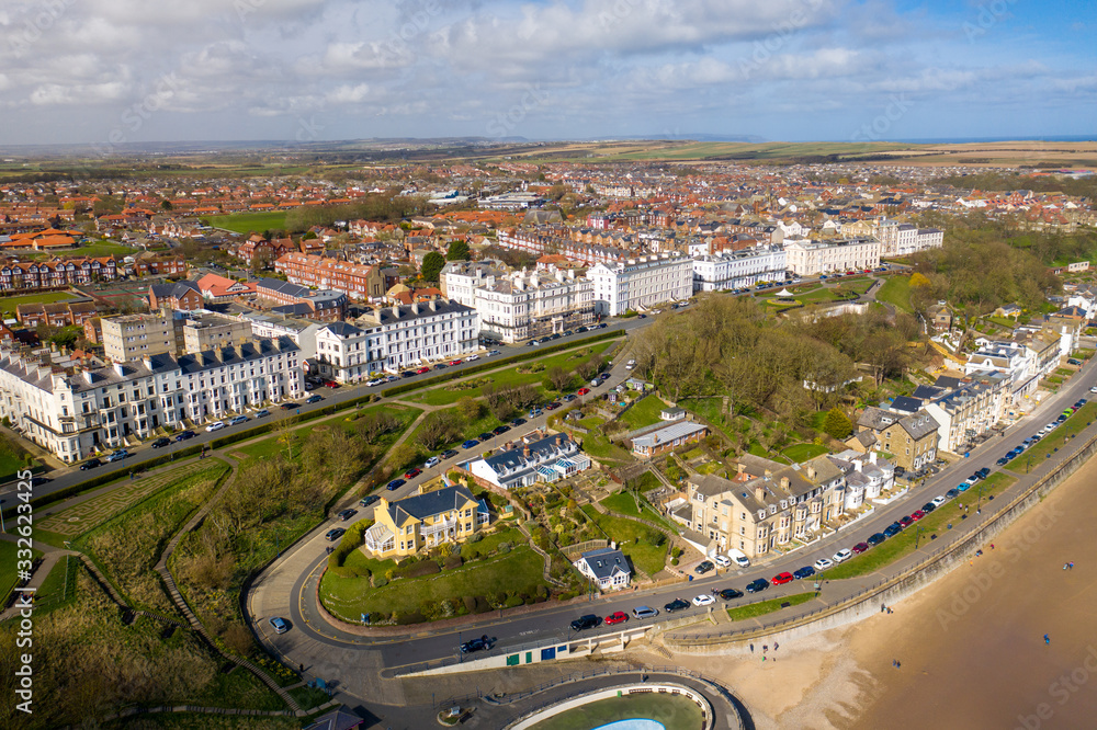 Aerial photo of the British seaside town of Filey, the seaside coastal ...
