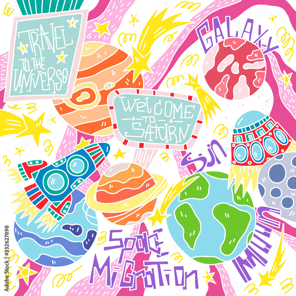 Hand drawn vector illustration with cartoon solar sistem planets Saturn ...