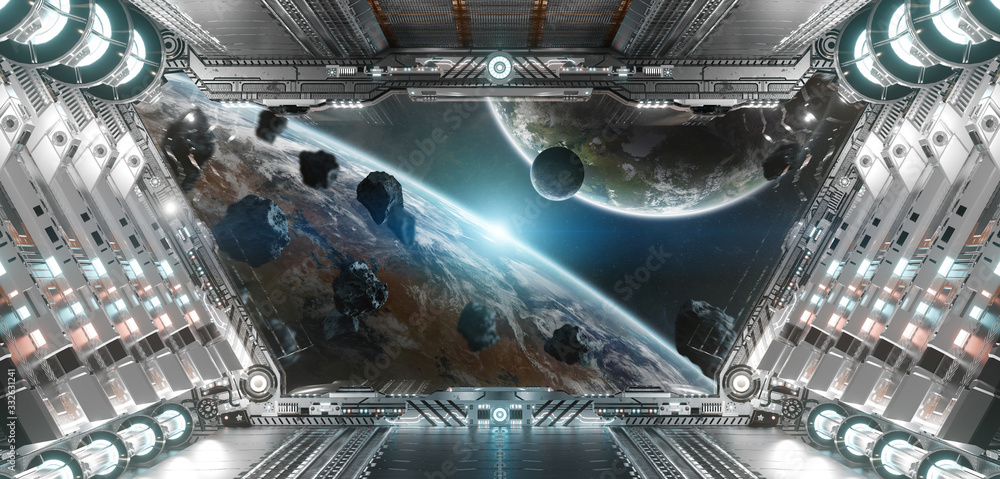 White and silver futuristic spaceship interior with window view on ...