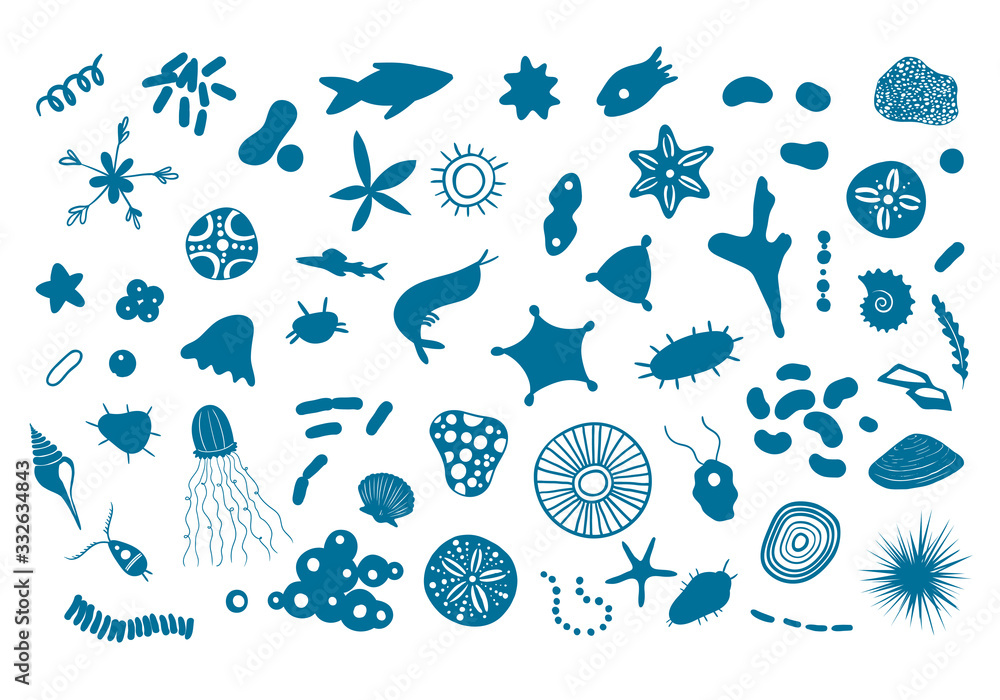 Vector illustration with microscopic marine creatures. Oceanic krill ...