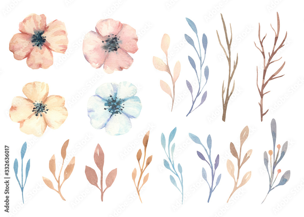 Watercolor hand painted boho flowers, leaves and branches. Watercolor ...