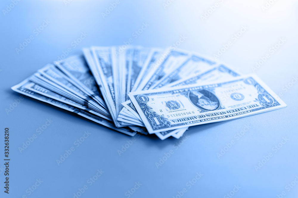 pile money fan. American dollar bills of different denominations spread ...